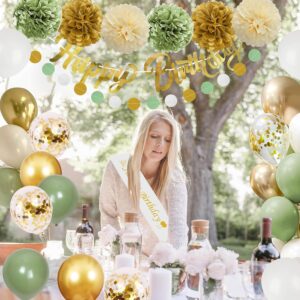 JINENUS Sage Green Birthday Party Decorations for Women Girls,Olive Green and Gold Birthday Decorations with Circle Dots Garland,Tissue Pompoms,Paper Tassels Garland Birthday Decor