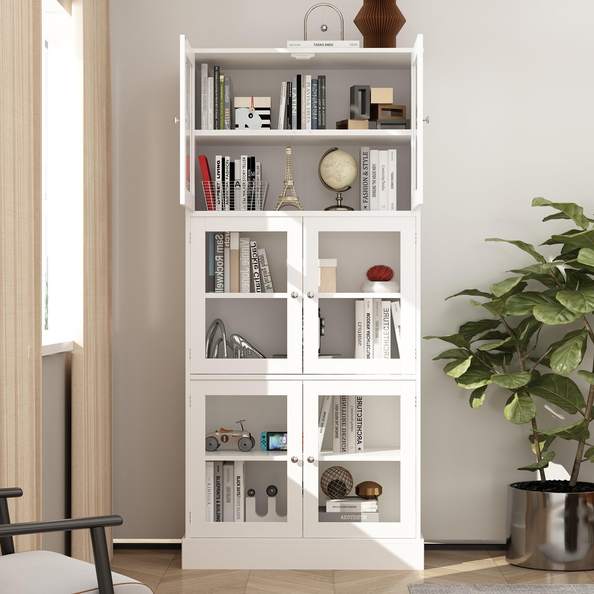 ECACAD 67.9" H Modern Bookcase Storage Cabinet with 6 Glass Doors & Adjustable Shelves, 6-Tier Wood Bookshelf Display Cabinet for Living Room & Office, White