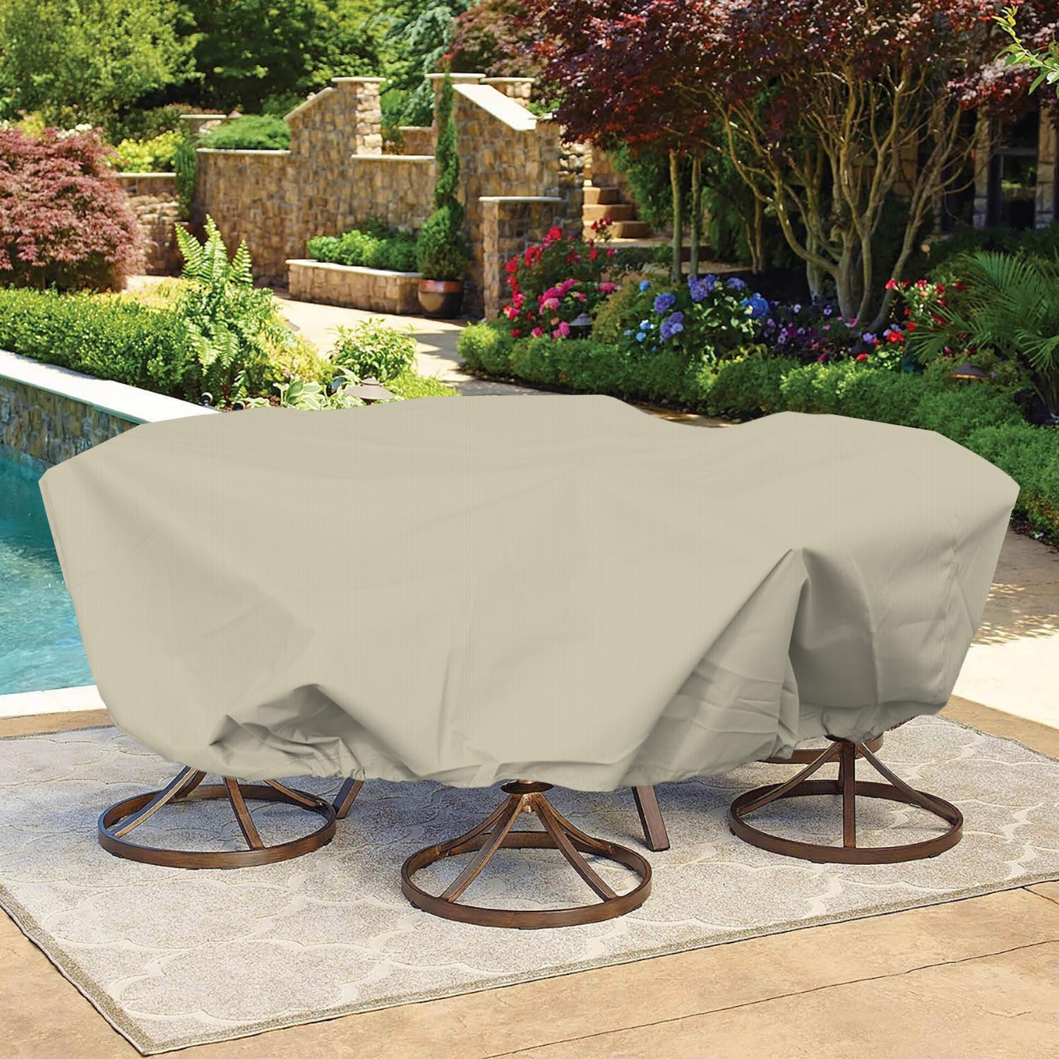 Bynbbur 11 FT Round Patio Furniture Cover Outdoor Table Chair Set Covers Car Cover Trampoline Cover Wire Rope Hemmed All Edges, Waterproof Cover for Outdoor Furniture Set (Beige)