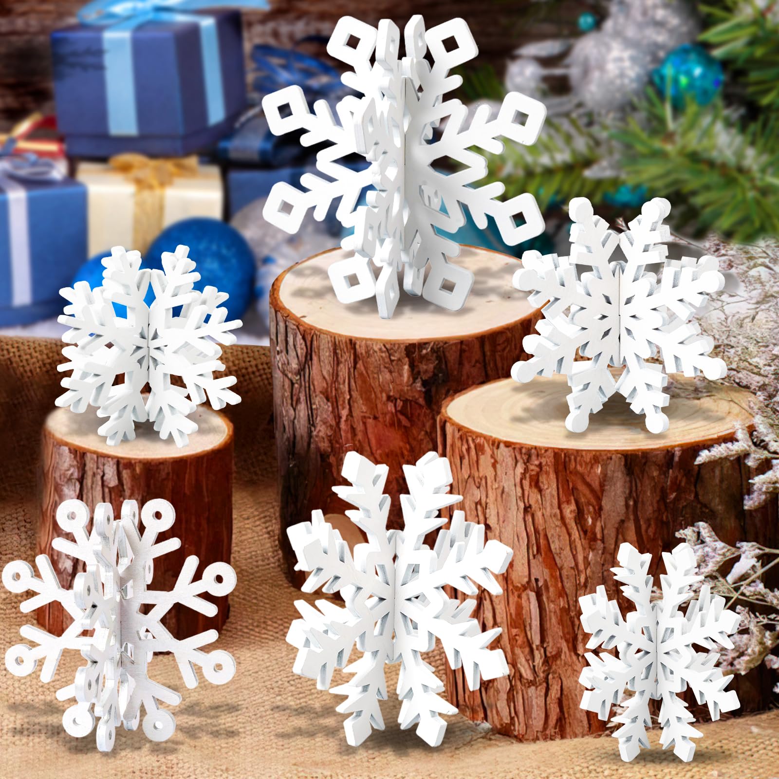 OuMuaMua 6 Set Snowflake Christmas Table Decorations - 12pcs White Wooden 3D Snowflake Decor Tabletop Centerpiece for Christmas Party Supplies Home Decor