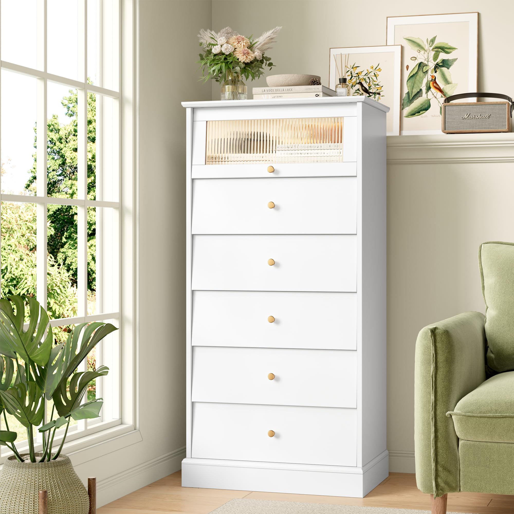 FINETONES 6 Drawer Dresser White Dresser, 48.7'' Tall White Dresser Chest of Drawers, White and Gold Dresser with Glass Drawer, Gold Dresser Modern Dresser for Home Office