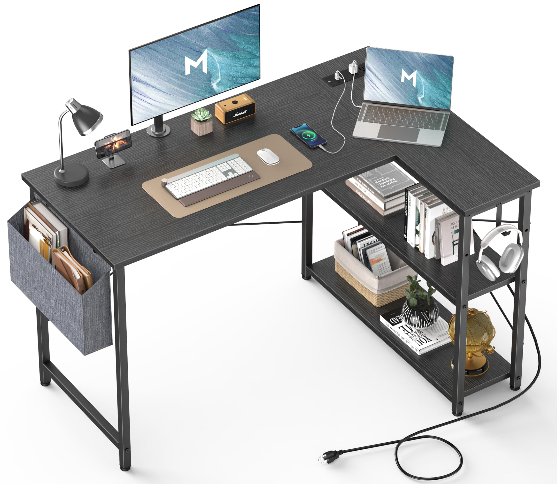 Mr IRONSTONE L Shaped Desk with Outlets & USB Ports, Reversible 47 Inch Office Desk, Corner Desk for Small Space, Home Office Desk with Storage Bag & Hook, Black