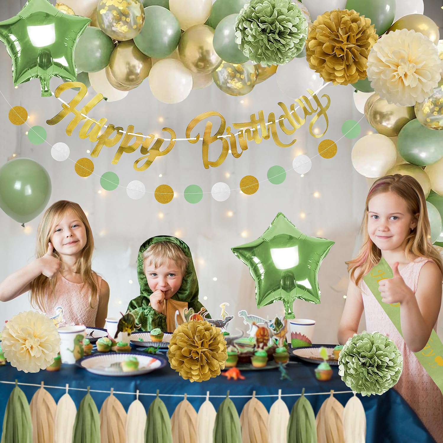 JINENUS Sage Green Birthday Party Decorations for Women Girls,Olive Green and Gold Birthday Decorations with Circle Dots Garland,Tissue Pompoms,Paper Tassels Garland Birthday Decor