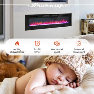 MAISON ARTS 72" Electric Fireplace Indoor Wall Mounted & Recessed Fireplace Heater with Remote Control & Touch Screen,8hrs Timer, Adjustable Flame & Bed Colors and Speed for Bedroom Living Room,1500W