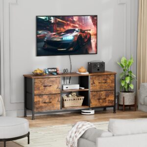 YaFiti TV Stand Dresser for Bedroom, Entertainment Center with Power Outlet for 50" TV, Dressers with 4 Fabric Drawers & Open Shelves for Living Room, Bedroom, Entryway, Rustic Brown