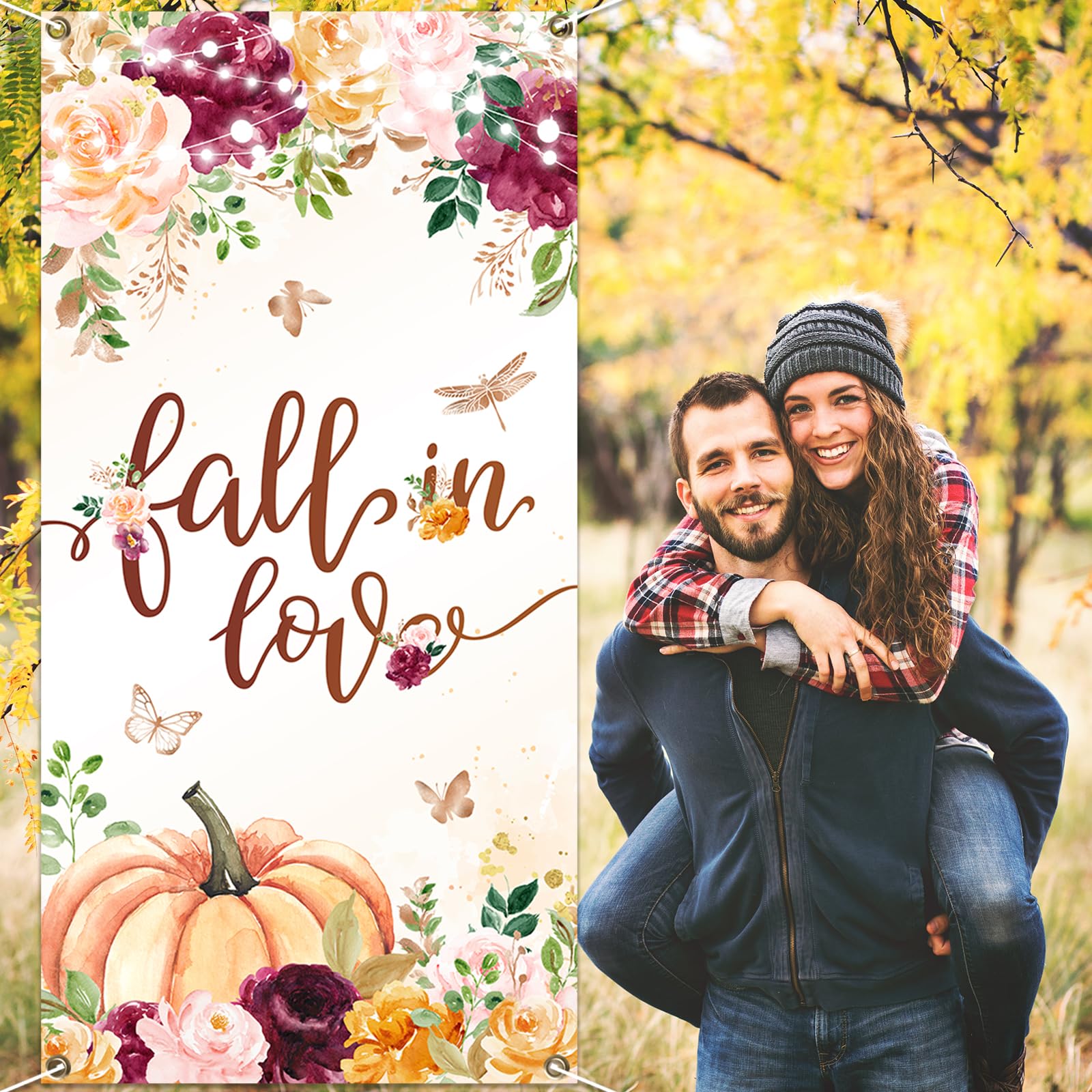 Fall in Love Door Cover Fall Bridal Party Decorations Autumn Floral Pumpkin Door Cover Backdrop Cover Decorations for Fall Anniversary,Wedding,Bride to Be Party