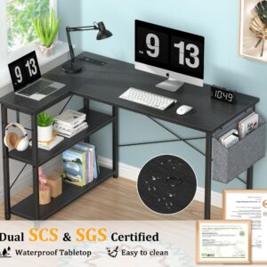 Mr IRONSTONE L Shaped Desk with Outlets & USB Ports, Reversible 47 Inch Office Desk, Corner Desk for Small Space, Home Office Desk with Storage Bag & Hook, Black