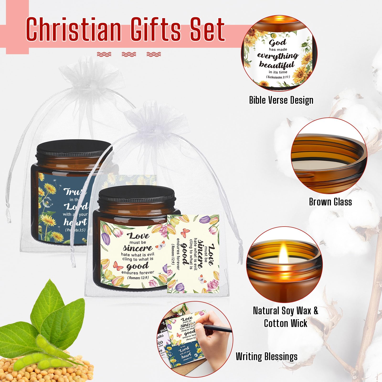 Landhoow 30 Pcs Christian Gifts for Women, 10 Pcs Scented Religious Bible Candles 10 Pcs Floral Verses Cards and 10 Pcs White Organza Bag for Women Christmas Birthday Wedding Party Gift Supplies Favor