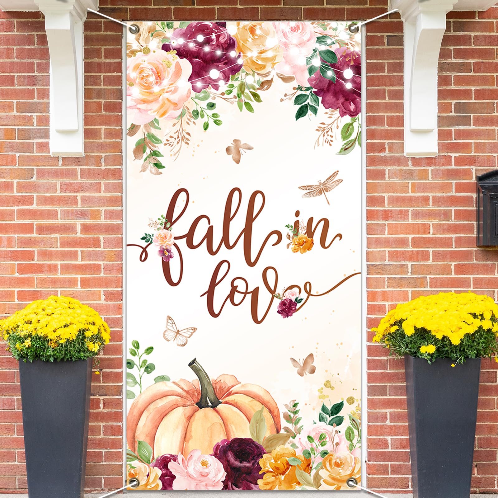 Fall in Love Door Cover Fall Bridal Party Decorations Autumn Floral Pumpkin Door Cover Backdrop Cover Decorations for Fall Anniversary,Wedding,Bride to Be Party