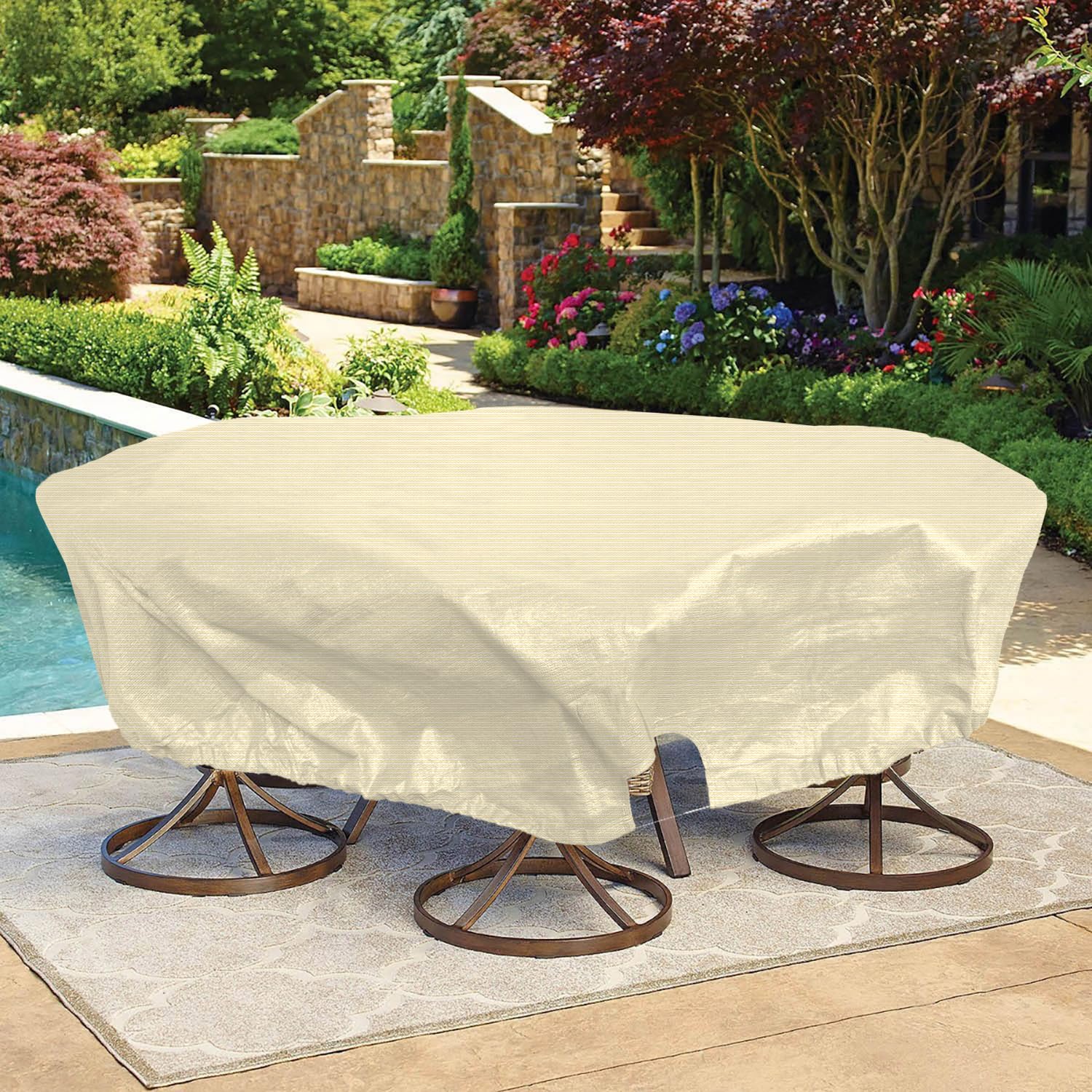 Bynbbur 12 FT Round Patio Furniture Cover Outdoor Table Chair Set Covers Car Cover Trampoline Cover Wire Rope Hemmed All Edges, Sturdy Cover for Outdoor Furniture Set (Beige)