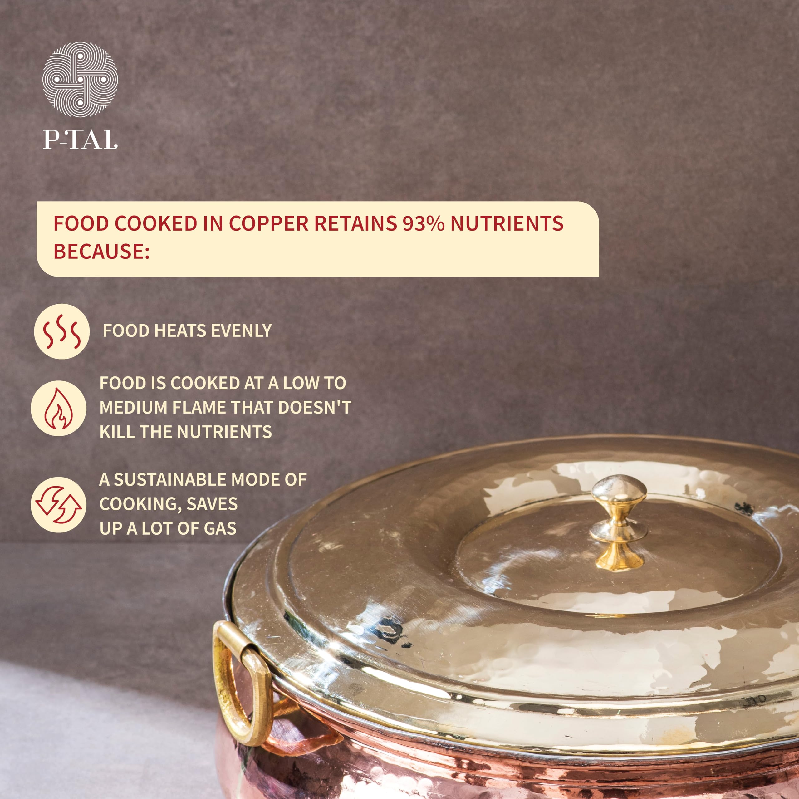 P-TAL Copper Hammered Lagaan | Cookware and Serveware | Pure Copper for Ayurvedic Health Benefits