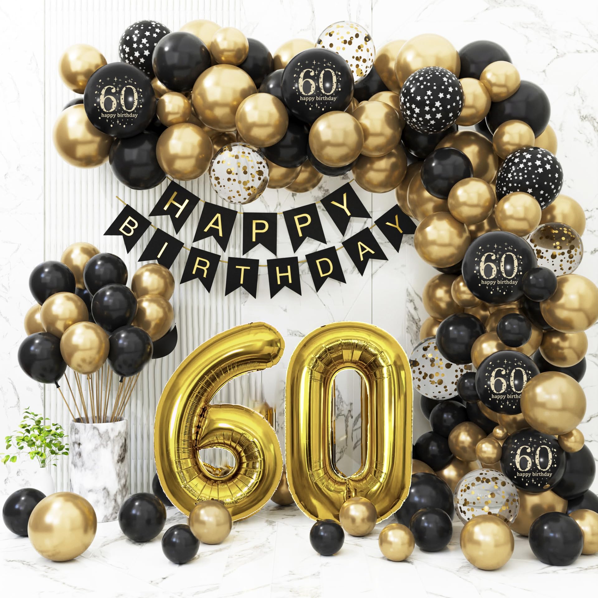 60th Birthday Decorations for Men Women, Black and Gold 60th Birthday Balloons Set Party Decorations with Happy 60th Birthday Decorations Banner，Black Gold Decor for 60th Birthday Party