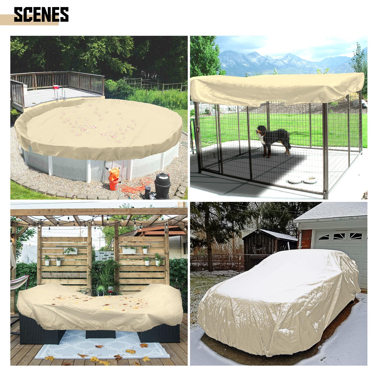 Bynbbur 12 FT Round Patio Furniture Cover Outdoor Table Chair Set Covers Car Cover Trampoline Cover Wire Rope Hemmed All Edges, Sturdy Cover for Outdoor Furniture Set (Beige)