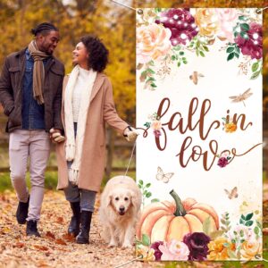 Fall in Love Door Cover Fall Bridal Party Decorations Autumn Floral Pumpkin Door Cover Backdrop Cover Decorations for Fall Anniversary,Wedding,Bride to Be Party