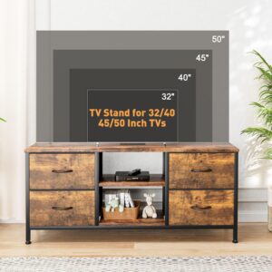 YaFiti TV Stand Dresser for Bedroom, Entertainment Center with Power Outlet for 50" TV, Dressers with 4 Fabric Drawers & Open Shelves for Living Room, Bedroom, Entryway, Rustic Brown