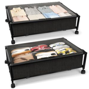 jepeerbz under bed storage with wheels 2 packs, under bed drawers on wheels, underbed storage with wheels and lid, rolling under bed drawers for clothes, shoes, blankets, toys (black)