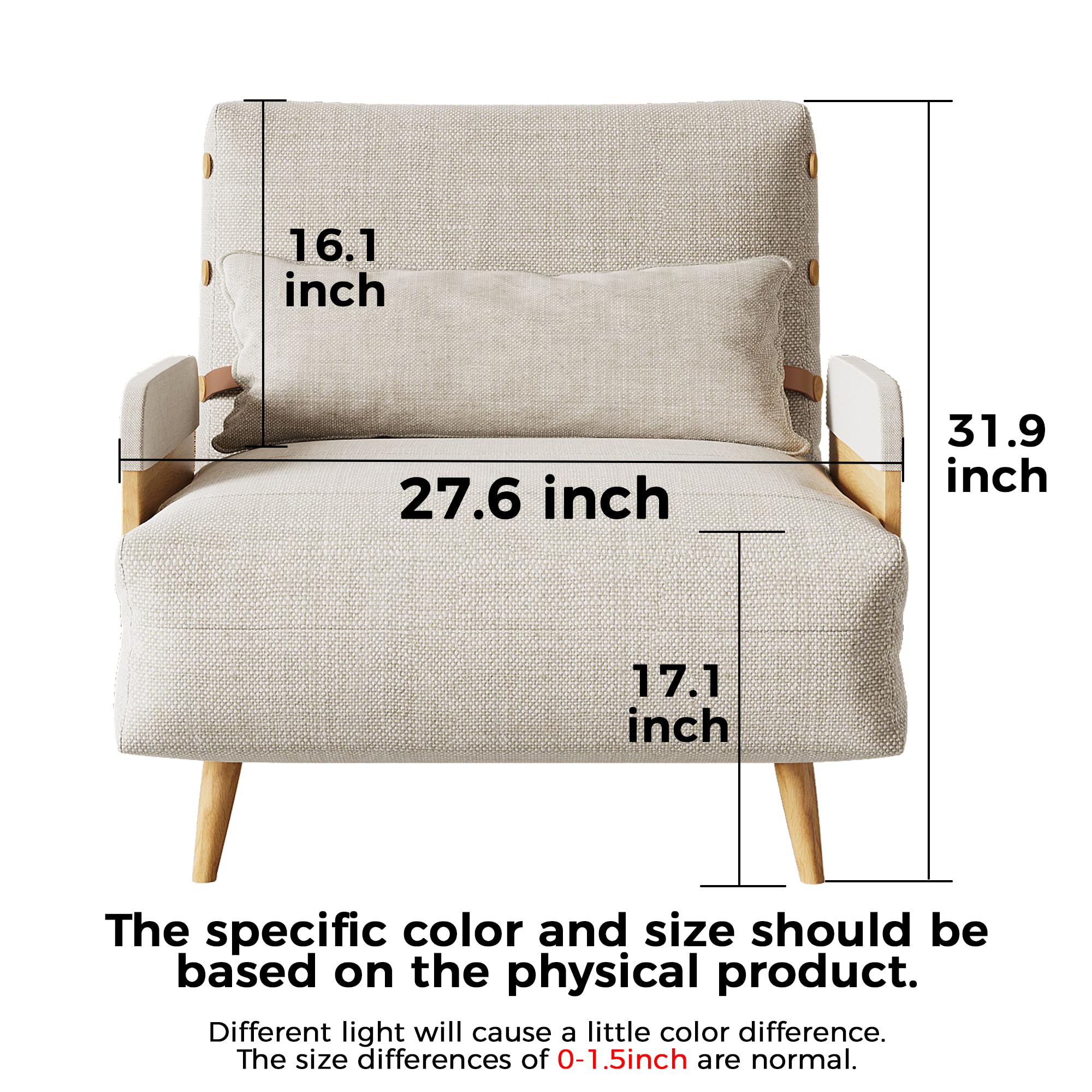 JASIWAY Modern Sofa Bed, 3 in 1 Sleeper Chair Bed Futon Sofa Bed Chaise Lounge Chair for Living Room Bedroom Office, Solid Wood Leg, Linen Fabric Beige Chair, 76.4" D x 27.6" W