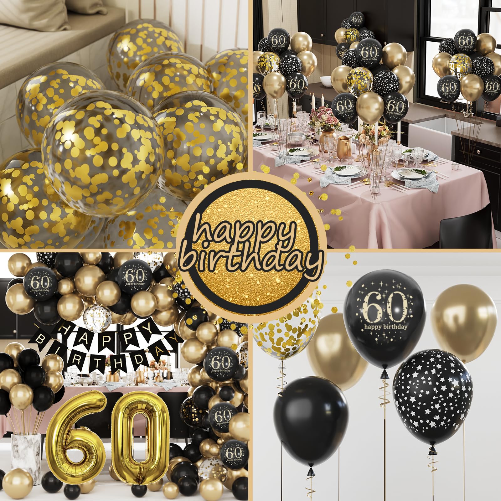 60th Birthday Decorations for Men Women, Black and Gold 60th Birthday Balloons Set Party Decorations with Happy 60th Birthday Decorations Banner，Black Gold Decor for 60th Birthday Party