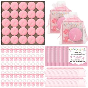 ctosree 50 sets baby shower favors for guests 50 pcs cute baby pacifier 50 pcs tea light candles 50 pcs thank tags 50 pcs chiffon bags with drawstring for birthday gift (pink)