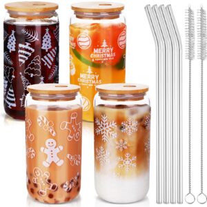 mkhaslri 4pcs christmas glass cups with lids and straws,16oz iced coffee cups with lids christmas beer drinking glasses,clear cups xmas coffee bar accessories gifts home decorations