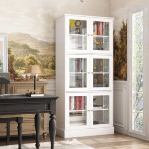 ecacad 67.9" h modern bookcase storage cabinet with 6 glass doors & adjustable shelves, 6-tier wood bookshelf display cabinet for living room & office, white