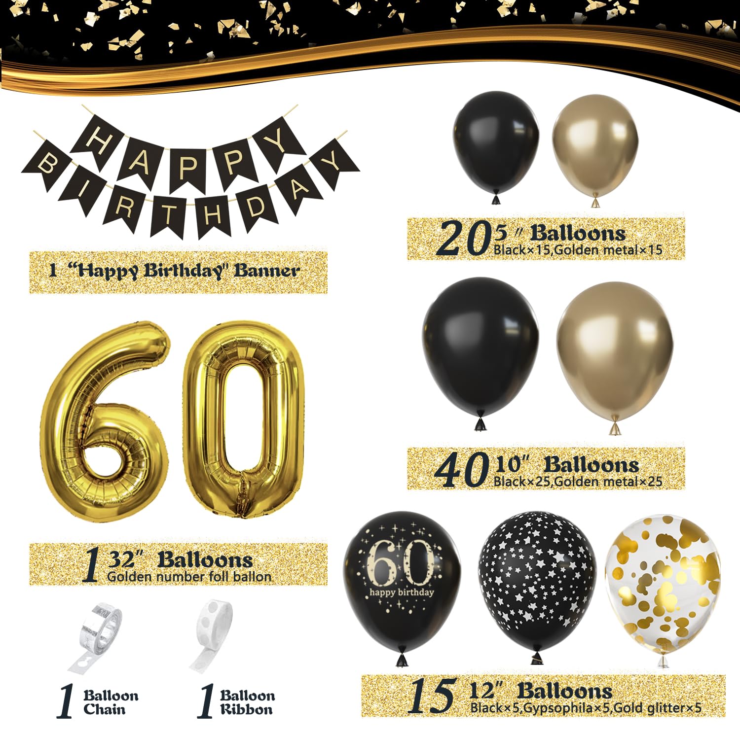 60th Birthday Decorations for Men Women, Black and Gold 60th Birthday Balloons Set Party Decorations with Happy 60th Birthday Decorations Banner，Black Gold Decor for 60th Birthday Party