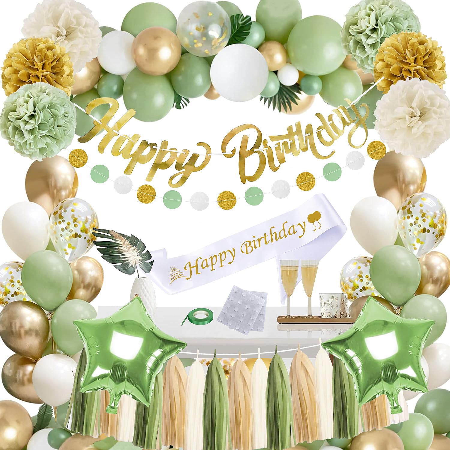 JINENUS Sage Green Birthday Party Decorations for Women Girls,Olive Green and Gold Birthday Decorations with Circle Dots Garland,Tissue Pompoms,Paper Tassels Garland Birthday Decor