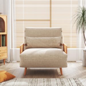 JASIWAY Modern Sofa Bed, 3 in 1 Sleeper Chair Bed Futon Sofa Bed Chaise Lounge Chair for Living Room Bedroom Office, Solid Wood Leg, Linen Fabric Beige Chair, 76.4" D x 27.6" W