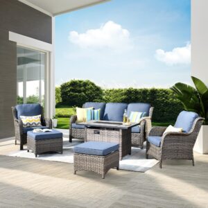 ovios 6-pieces patio furniture set with fire pit table, outdoor wicker rattan sofa couch with ottomans, comfy cushions, high back conversation set, grey wicker, denim blue