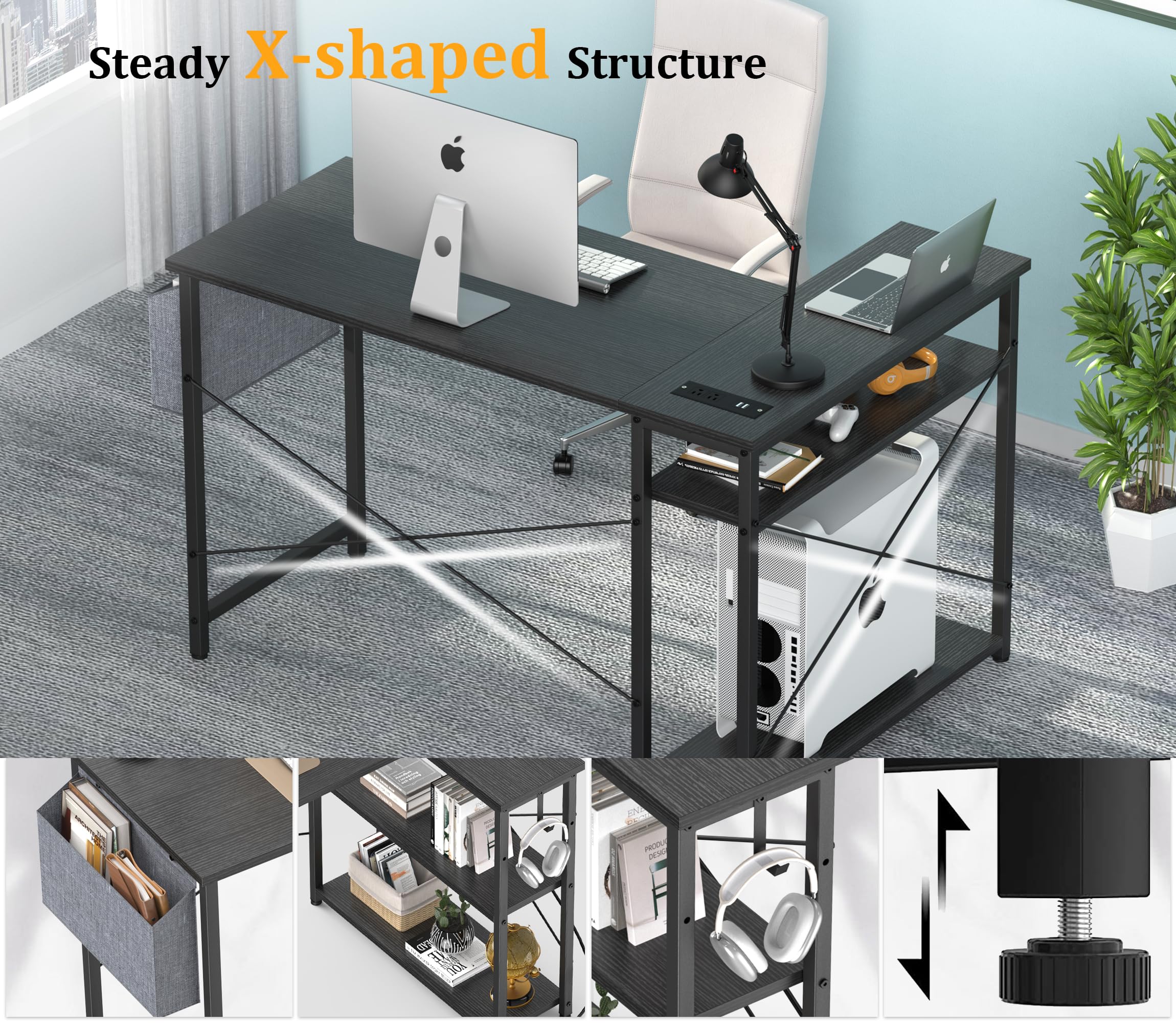 Mr IRONSTONE L Shaped Desk with Outlets & USB Ports, Reversible 47 Inch Office Desk, Corner Desk for Small Space, Home Office Desk with Storage Bag & Hook, Black