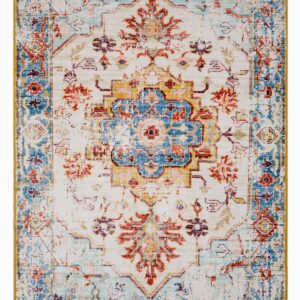 Kaspene Home - Machine Washable Thin Area Rug for Dining Room, Bedroom, and Living Room - Oriental Vintage Blue and Red Rug - Stain and Water-Resistant - Non-Slip - Pet and Kid Friendly, 5x8