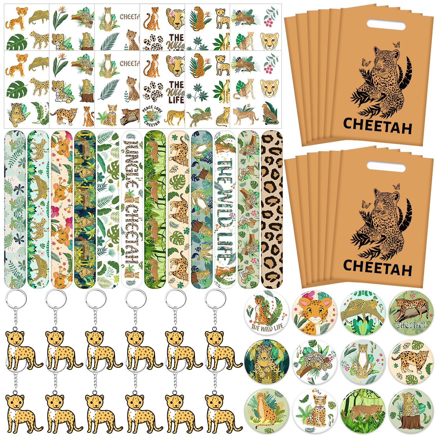 Lcnjscgo Cheetah Party Favors Cheetah Theme Slap Bracelets Key Chains Badge Temporary Tattoos Gift Bags for Kids Jungle Leopard Cheetah Birthday Party Baby Shower Safari Party Supplies