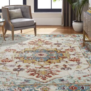 Kaspene Home - Machine Washable Thin Area Rug for Dining Room, Bedroom, and Living Room - Oriental Vintage Blue and Red Rug - Stain and Water-Resistant - Non-Slip - Pet and Kid Friendly, 5x8