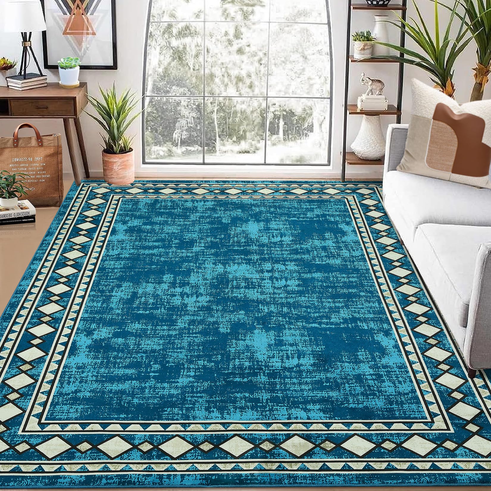 ROYHOME 9x12 Area Rug Extra Large Rug Machine Washable Modern Bordered Area Rug Geometric Border Stain Resistant Non-Slip Accent Rug Floor Cover Carpet Rug for Living Room Bedroom, Turquoise