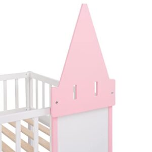 BOVZA Castle Bed Kids Bunk Bed Twin Over Twin with Ladder and Safety Guardrails for Girls Boys, Pink