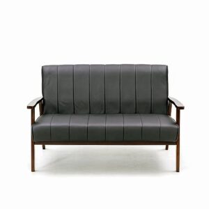 panana mid century modern loveseat sofa with wooden arms leather office couch 2-seat wood love seat lounge armchair living room bedroom, black faux leather