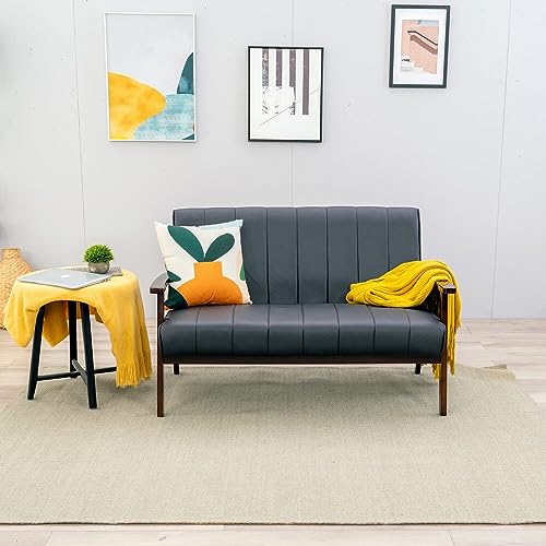 Panana Mid Century Modern Loveseat Sofa with Wooden Arms Leather Office Couch 2-Seat Wood Love Seat Lounge Armchair Living Room Bedroom, Black Faux Leather