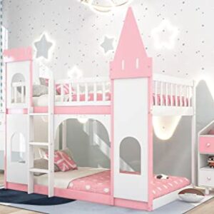 BOVZA Castle Bed Kids Bunk Bed Twin Over Twin with Ladder and Safety Guardrails for Girls Boys, Pink