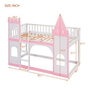 BOVZA Castle Bed Kids Bunk Bed Twin Over Twin with Ladder and Safety Guardrails for Girls Boys, Pink