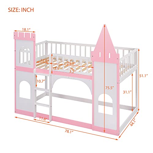 BOVZA Castle Bed Kids Bunk Bed Twin Over Twin with Ladder and Safety Guardrails for Girls Boys, Pink