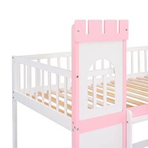 BOVZA Castle Bed Kids Bunk Bed Twin Over Twin with Ladder and Safety Guardrails for Girls Boys, Pink