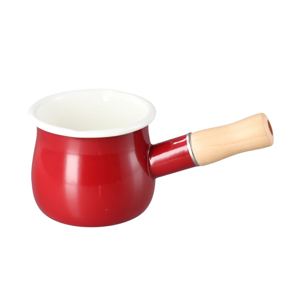 500ML Home Enamel Milk Pan With Wooden Handle, Small Enamel Saucepan Butter Warmer Cookware Pan Sauce Pan Kitchen Tool