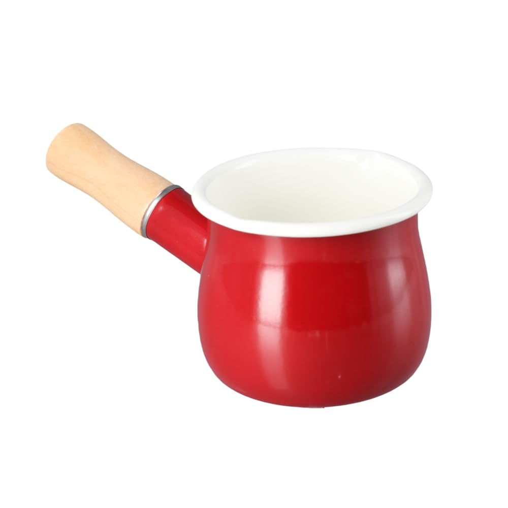 500ML Home Enamel Milk Pan With Wooden Handle, Small Enamel Saucepan Butter Warmer Cookware Pan Sauce Pan Kitchen Tool