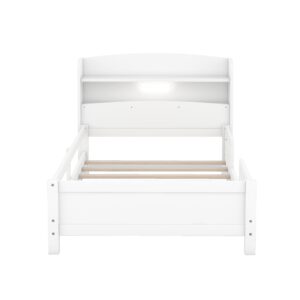 Bellemave Twin Bed Frame with Storage Headboard, White - Solid Wood Kids Bed with Built-in LED Light, Guardrail & Slats - 87L x 43W x 31.2H inches - Includes Tools for Assembly