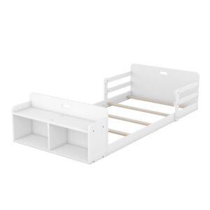 Bellemave Twin Size Floor Bed with Headboard and Footboard Solid Wood Twin Bed for Kids with Storage Footboard and Guardrail, White