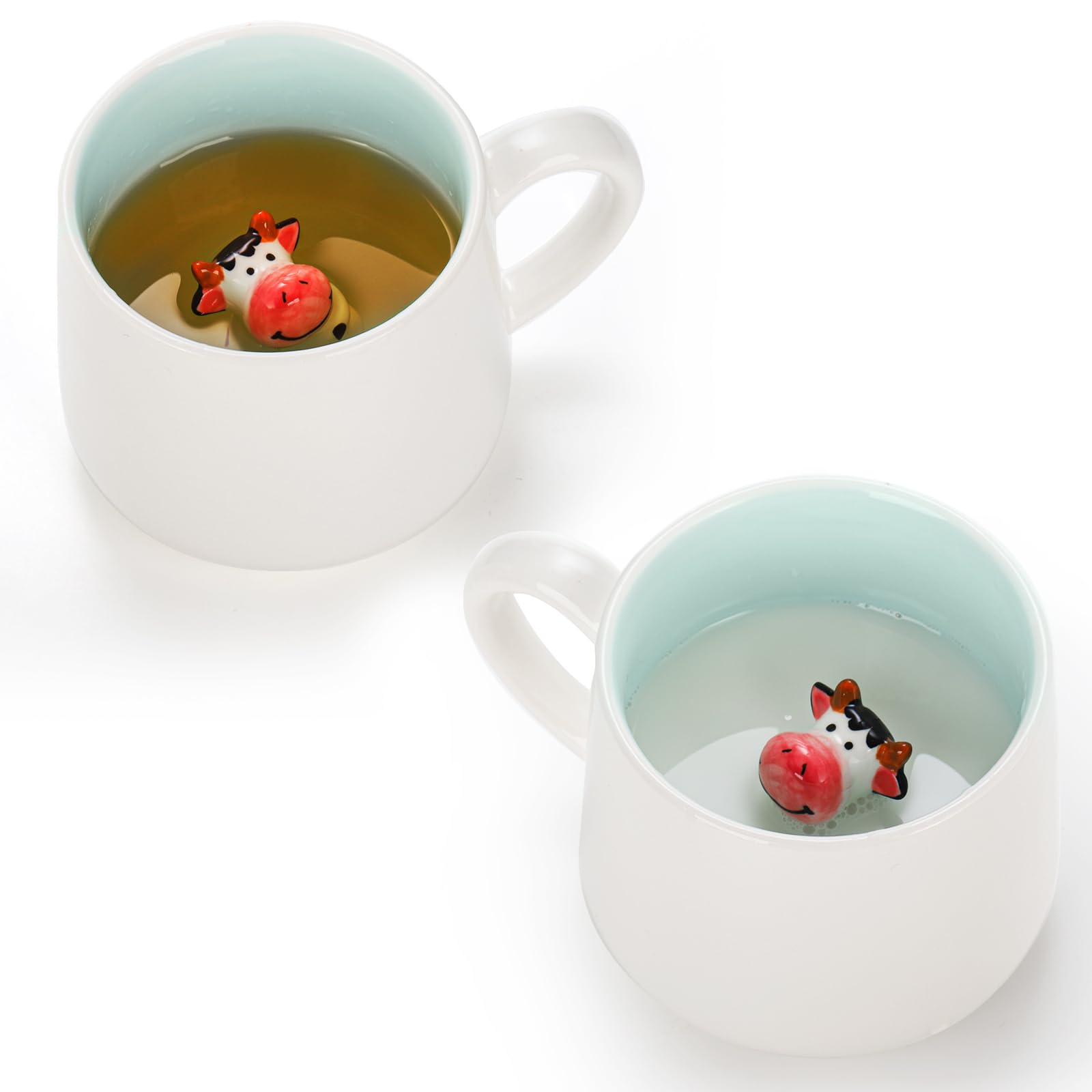 Pumtus 2 Pack 3D Coffee Mug, 12 OZ Cute Cow Ceramic Cup, Hidden 3D Animal Inside Mug, Cartoon Ceramics Figurine Teacup, Party Office Morning Mugs for Tea Milk Juice Cappuccino Chocolate, 3D Cow Cup