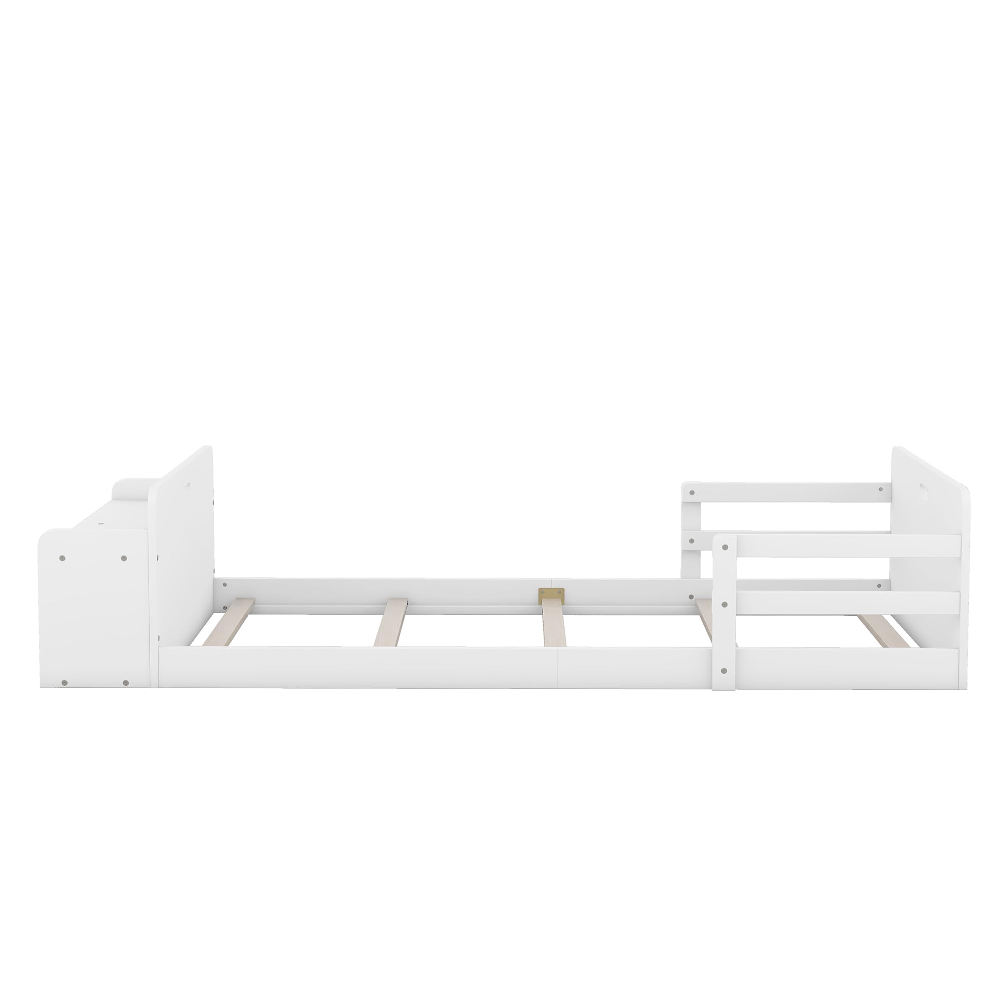 Bellemave Twin Size Floor Bed with Headboard and Footboard Solid Wood Twin Bed for Kids with Storage Footboard and Guardrail, White