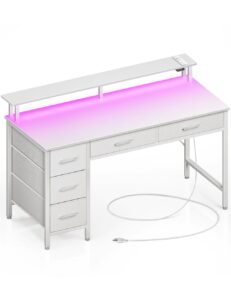 seventable computer desk with power outlets & led light, 39 inch home office desk with 5 drawers, writing desk with monitor stand, work desk for home office, white