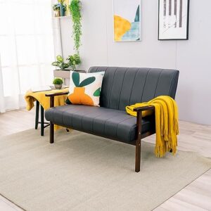 Panana Mid Century Modern Loveseat Sofa with Wooden Arms Leather Office Couch 2-Seat Wood Love Seat Lounge Armchair Living Room Bedroom, Black Faux Leather