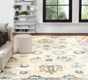 kaspene home - machine washable thin 3x5 area rug - oriental vintage blue and brown, bedroom, hallway, bathroom, and entryway - stain and water-resistant - non-slip - pet and kid friendly